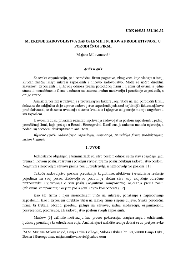 (PDF) MJERENJE ZADOVOLJSTVA ZAPOSLENIH I NJIHOVA PRODUKTIVNOST U PORODIČNOJ FIRMI