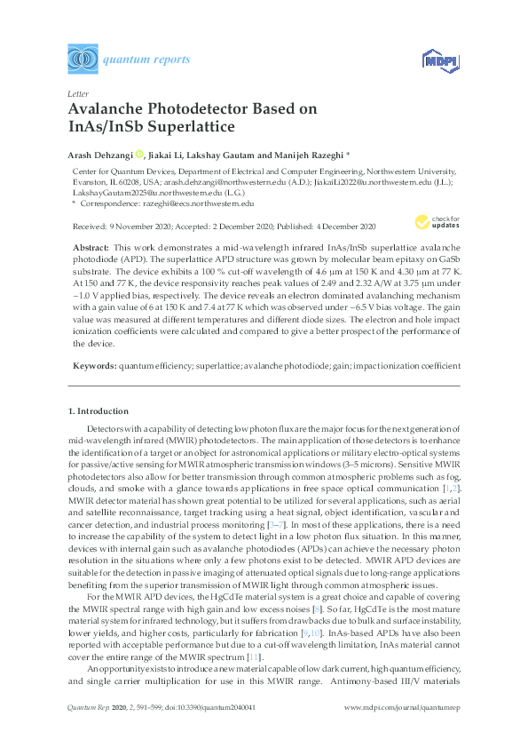 (PDF) Avalanche Photodetector Based on InAs/InSb Superlattice