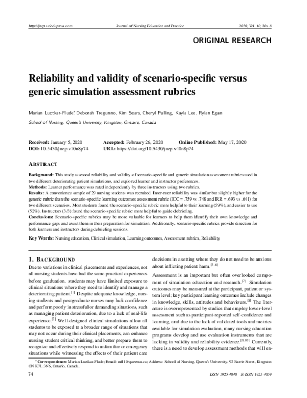 Pdf Reliability And Validity Of Scenario Specific Versus Generic Simulation Assessment Rubrics