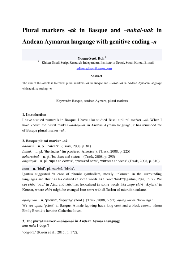 (PDF) Plural markers -ak in Basque and -naka/-nak in Andean Aymaran ...