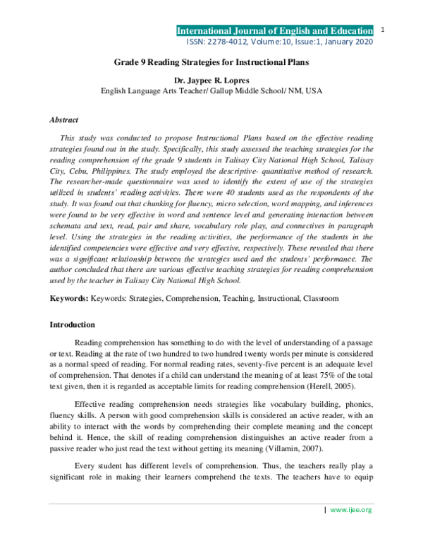 (PDF) Grade 9 Reading Strategies for Instructional Plans