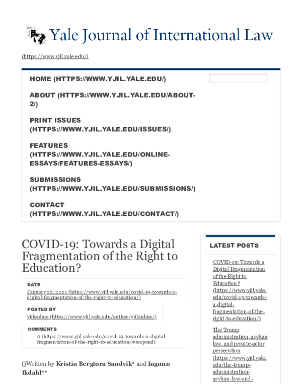 (PDF) Yale Journal of International Law COVID-19 Towards a Digital ...