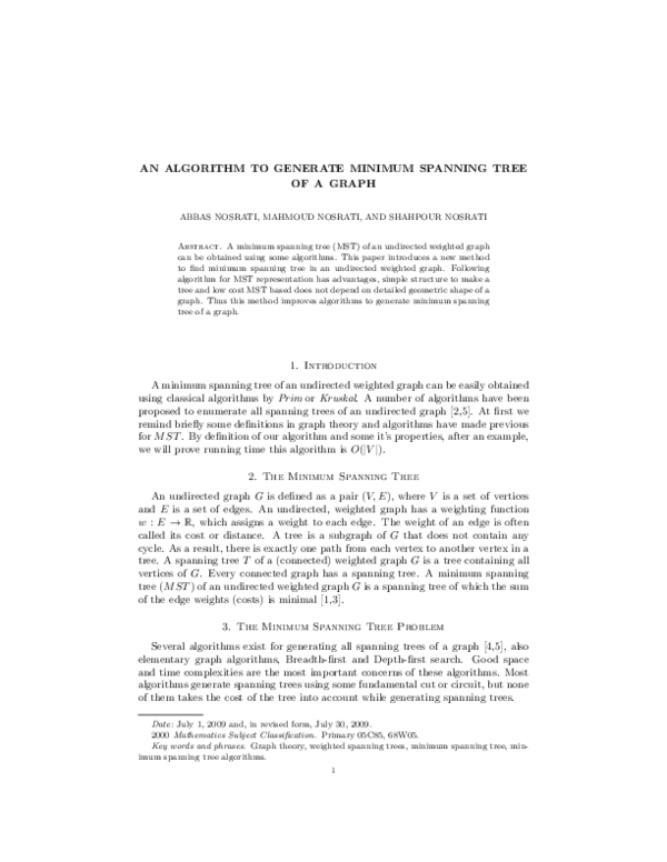 (PDF) AN ALGORITHM TO GENERATE MINIMUM SPANNING TREE OF A GRAPH | Amir ...