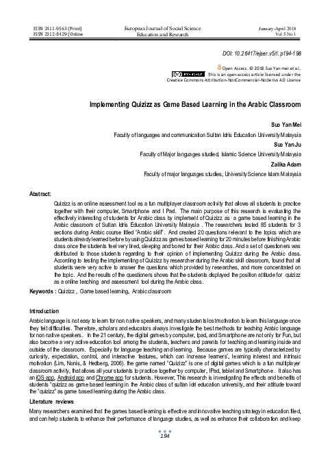 (PDF) Implementing Quizizz as Game Based Learning in the Arabic Classroom