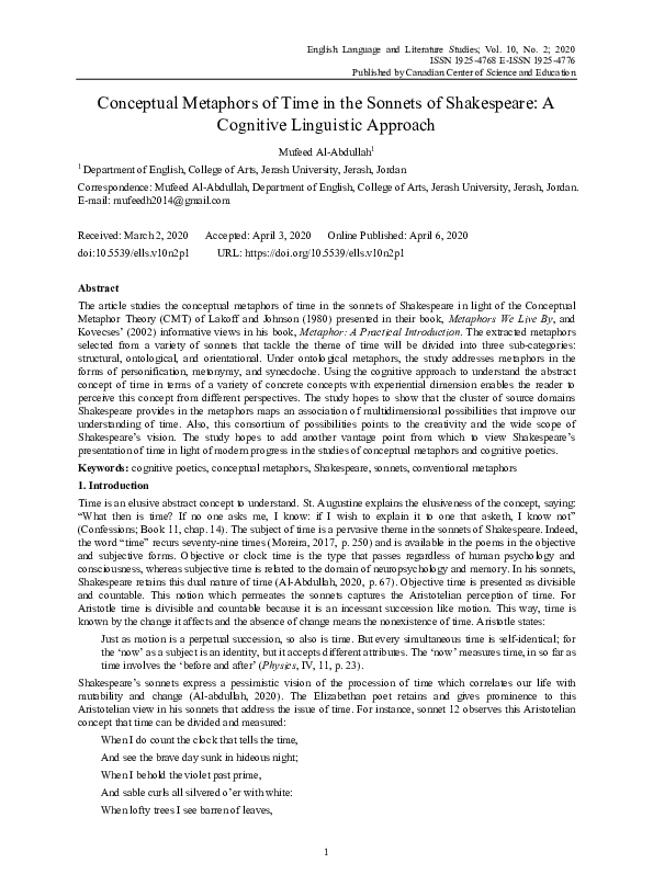 (PDF) Conceptual Metaphors of Time in the Sonnets of Shakespeare: A Cognitive Linguistic Approach