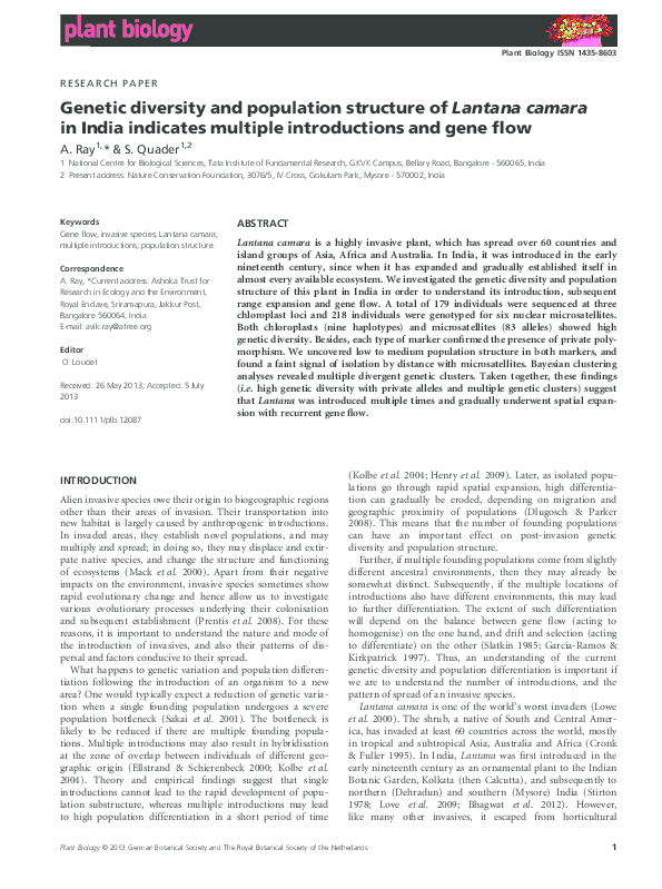 (PDF) Genetic diversity and population structure of Lantana camara in ...