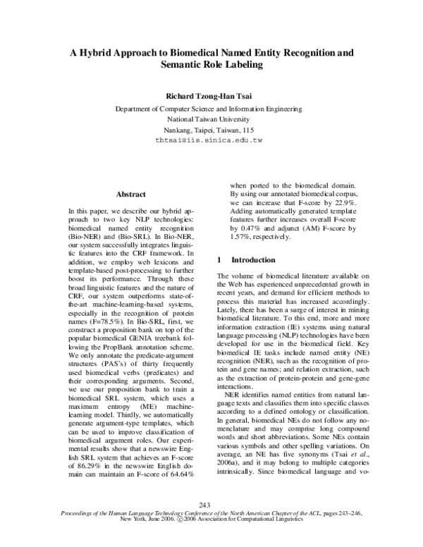 Pdf A Hybrid Approach To Biomedical Named Entity Recognition And