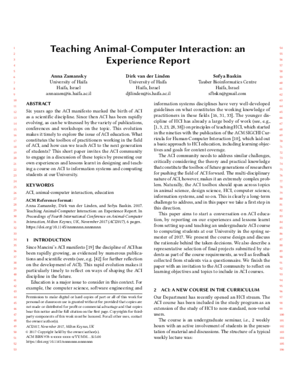(PDF) Teaching Animal-Computer Interaction: an Experience Report