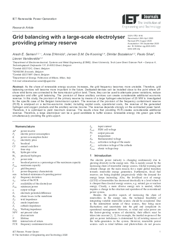 (PDF) Grid Balancing with a Large-Scale Electrolyser Providing Primary ...