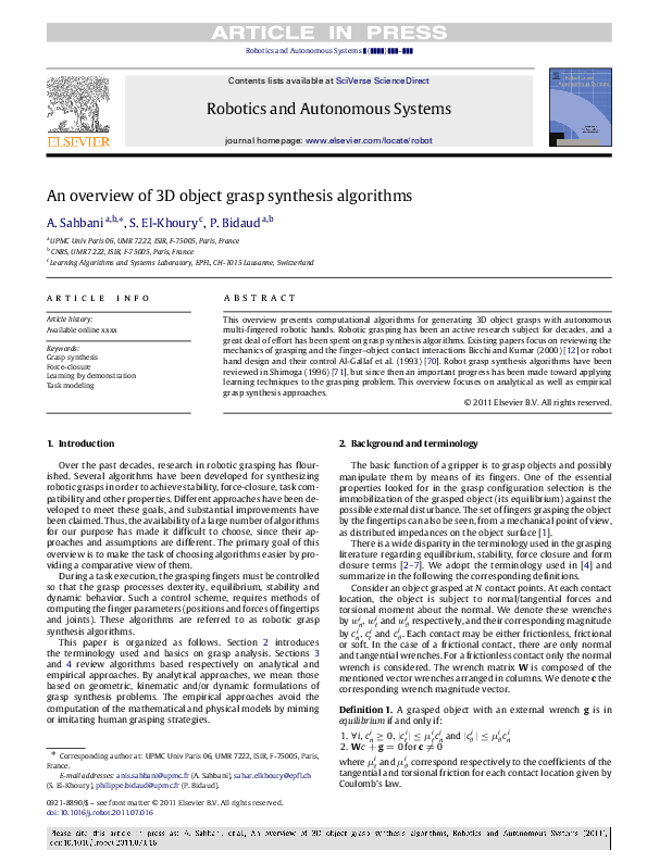 (PDF) An overview of 3D object grasp synthesis algorithms