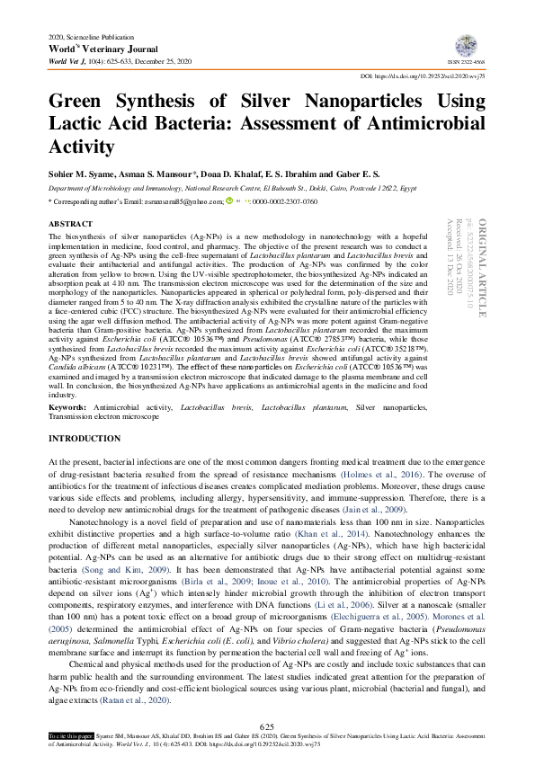 (PDF) Green Synthesis of Silver Nanoparticles Using Lactic Acid Bacteria