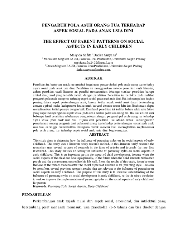 (DOC) PENGARUH POLA ASUH ORANG TUA TERHADAP ASPEK SOSIAL PADA ANAK USIA DINI