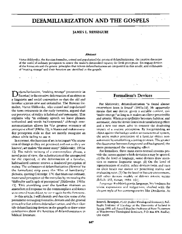 (PDF) "Defamiliarization and the Gospels"