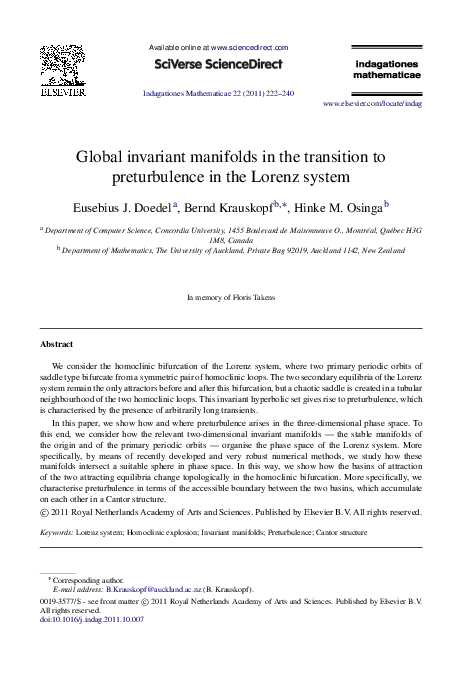 (PDF) Global invariant manifolds in the transition to preturbulence in the Lorenz system