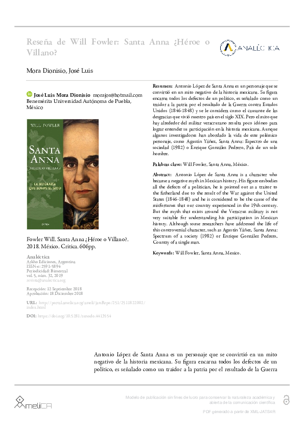 (PDF) Reseña de Will Fowler: Santa Anna ¿Héroe o Villano