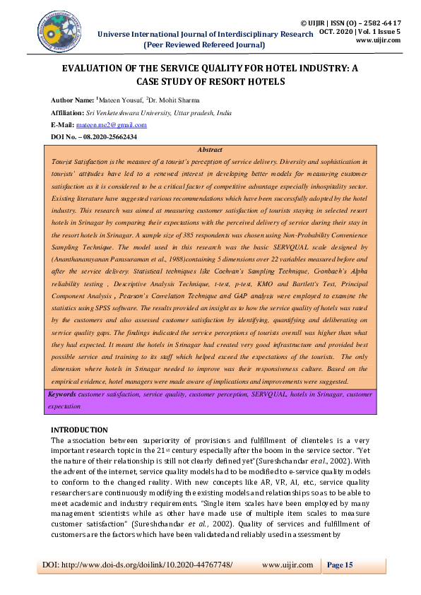 (PDF) EVALUATION OF THE SERVICE QUALITY FOR HOTEL INDUSTRY: A CASE ...