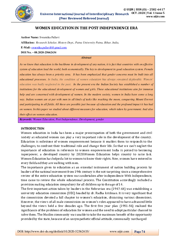 (PDF) WOMEN EDUCATION IN THE POST INDEPENDENCE ERA