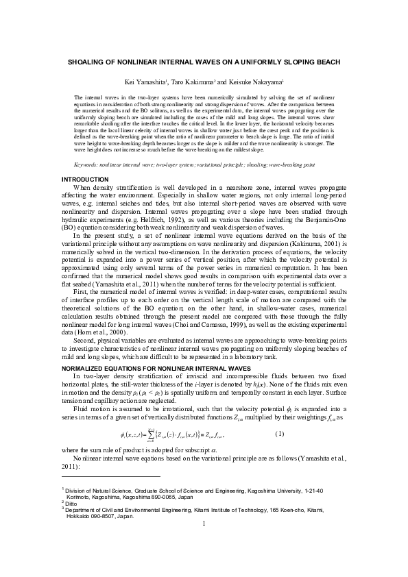 (PDF) Shoaling of Nonlinear Internal Waves on a Uniformly Sloping Beach