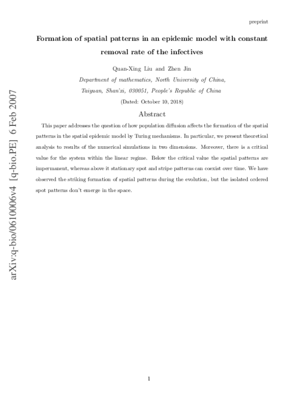 (PDF) Formation of spatial patterns in an epidemic model with constant ...