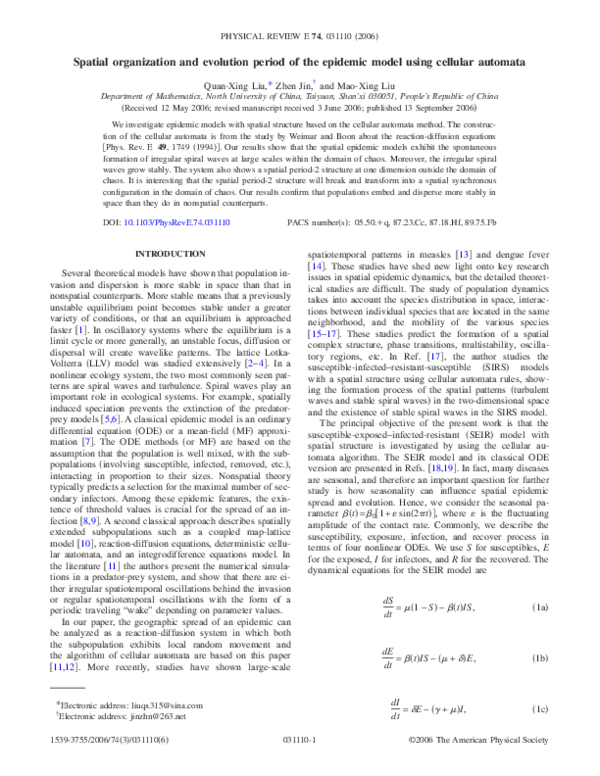 (PDF) Spatial organization and evolution period of the epidemic model using cellular automata
