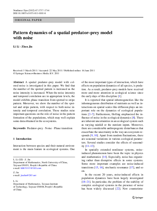 (PDF) Pattern dynamics of a spatial predator–prey model with noise