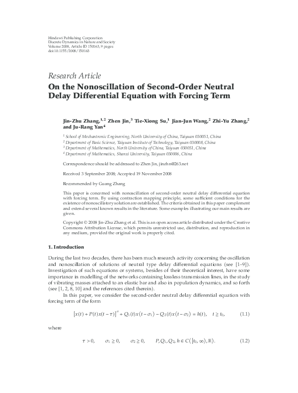 (PDF) On the Nonoscillation of Second-Order Neutral Delay Differential Equation with Forcing Term