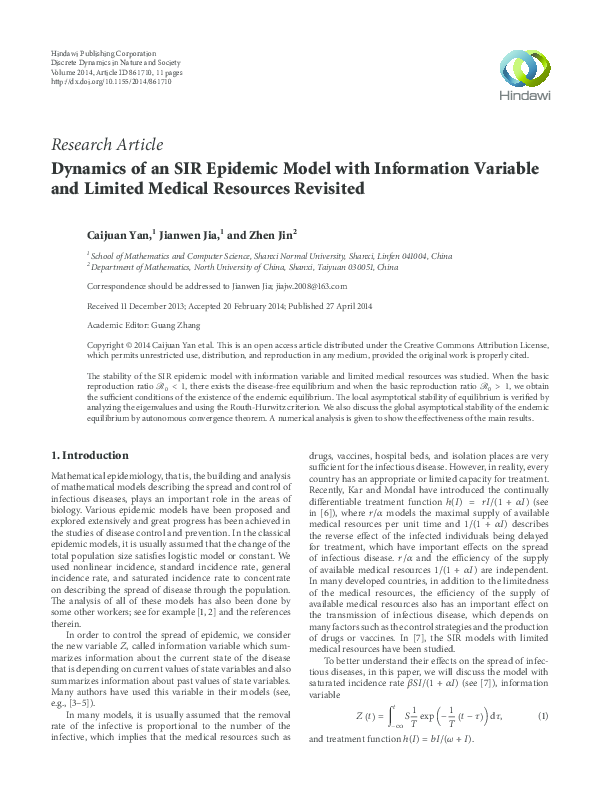 Pdf Dynamics Of An Sir Epidemic Model With Information Variable And