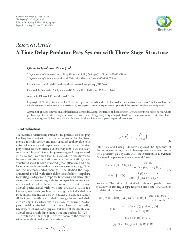 Pdf A Time Delay Predator Prey System With Three Stage Structure