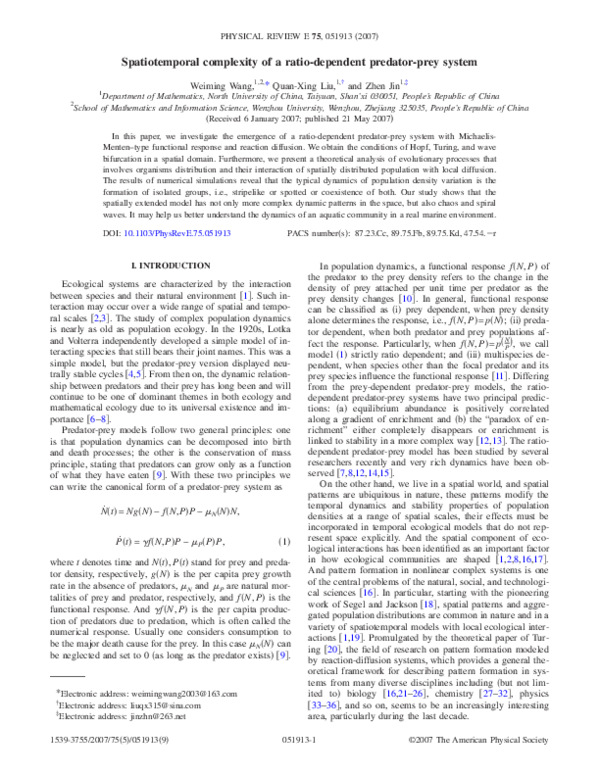 Pdf Spatiotemporal Complexity Of A Ratio Dependent Predator Prey System