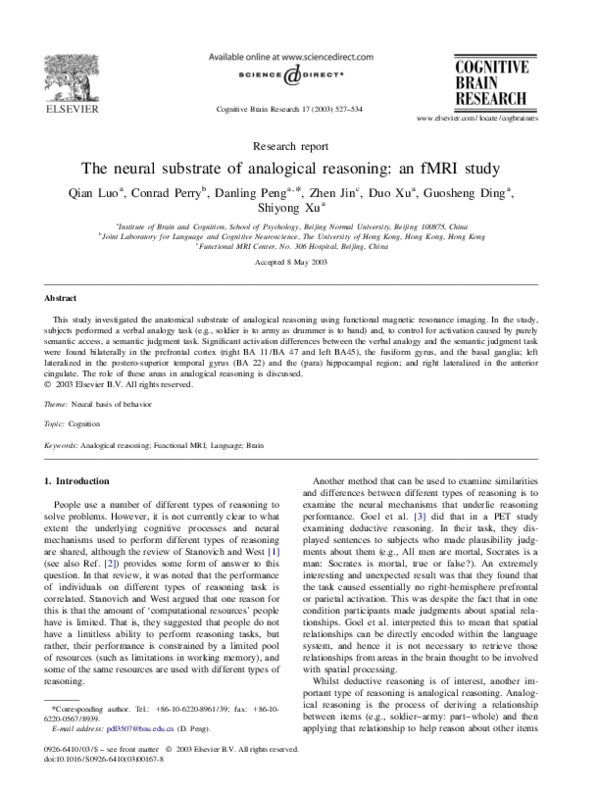(PDF) The neural substrate of analogical reasoning: an fMRI study