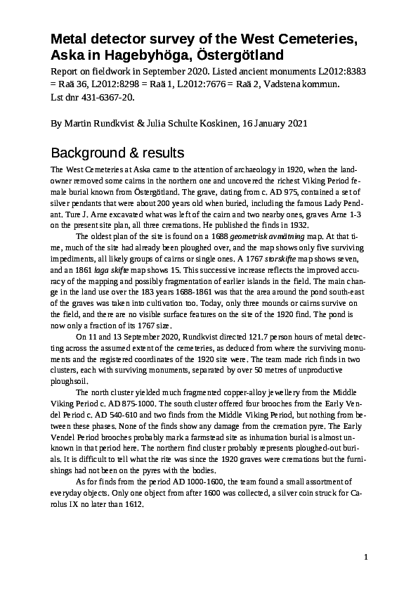 (PDF) Metal detector survey of the West Cemeteries, Aska in Hagebyhöga ...