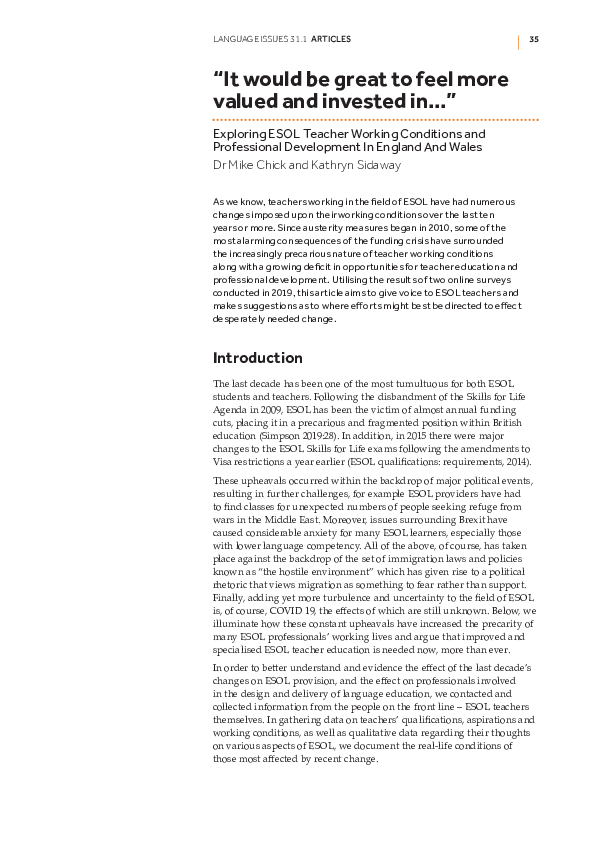(PDF) Exploring ESOL Teacher Working Conditions and Professional ...