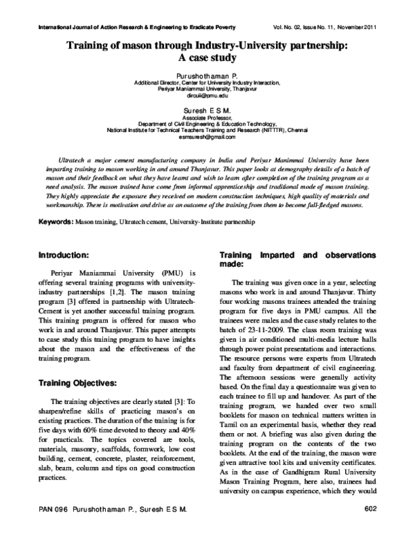(PDF) Training of mason through Industry-University partnership: A case ...