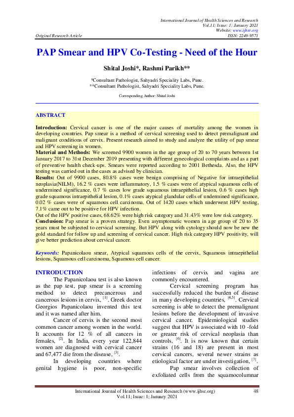 (PDF) PAP Smear and HPV Co-Testing -Need of the Hour