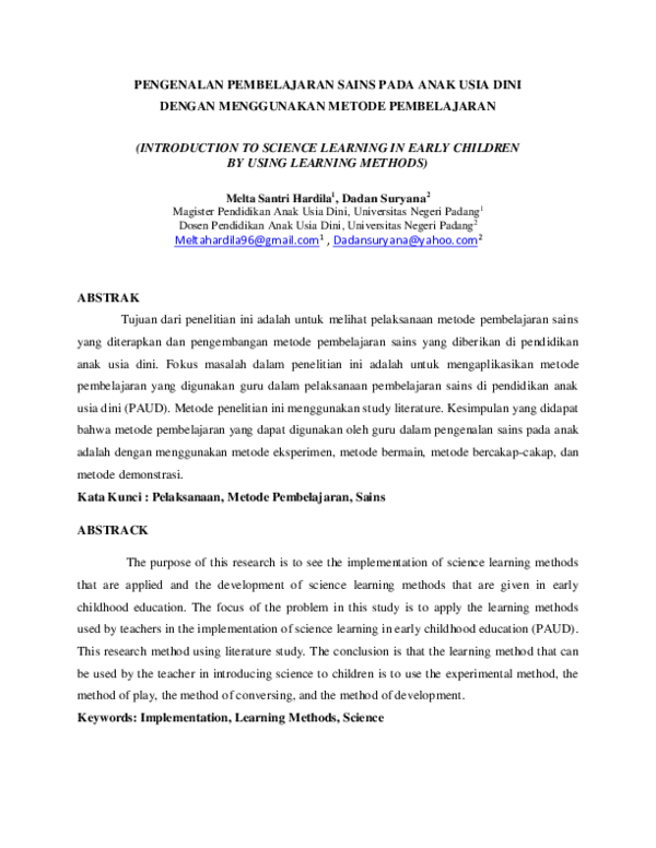 (PDF) PENGENALAN PEMBELAJARAN SAINS PADA ANAK USIA DINI DENGAN MENGGUNAKAN METODE PEMBELAJARAN