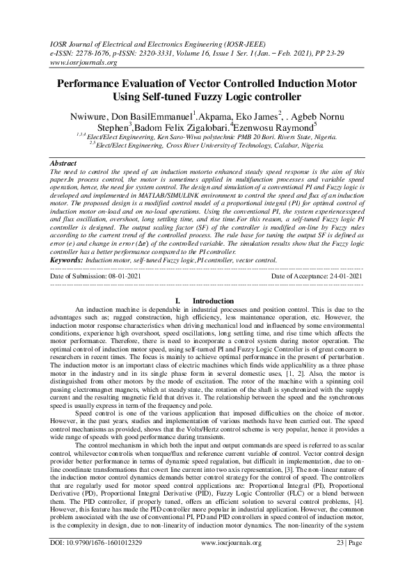 Pdf Performance Evaluation Of Vector Controlled Induction Motor Using Self Tuned Fuzzy Logic