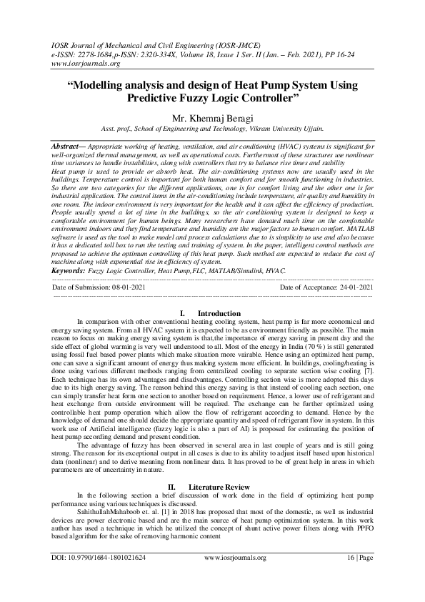 Pdf Modelling Analysis And Design Of Heat Pump System Using Predictive Fuzzy Logic Controller