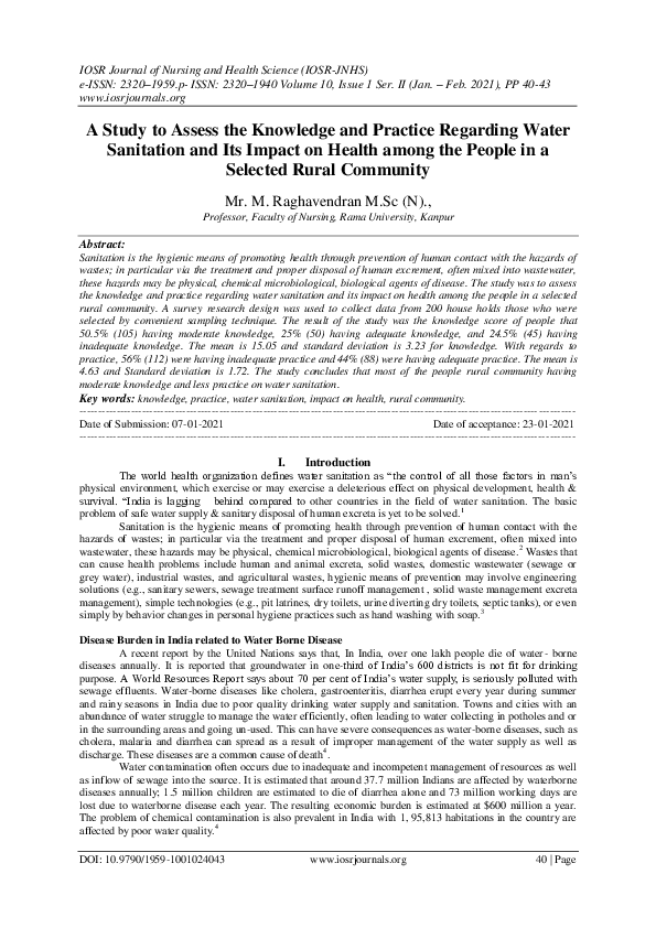 (PDF) A Study to Assess the Knowledge and Practice Regarding Water ...