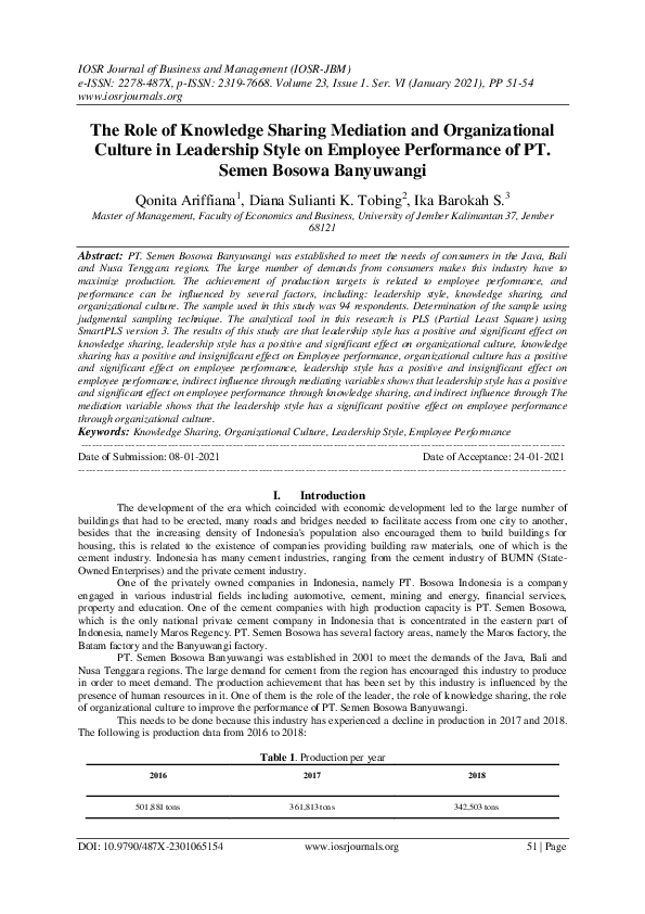 (PDF) The Role of Knowledge Sharing Mediation and Organizational Culture in Leadership Style on ...