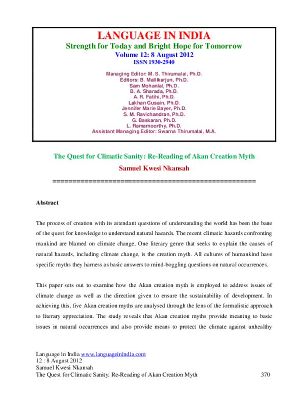 (PDF) The Quest for Climatic Sanity: Re-Reading of Akan Creation Myth