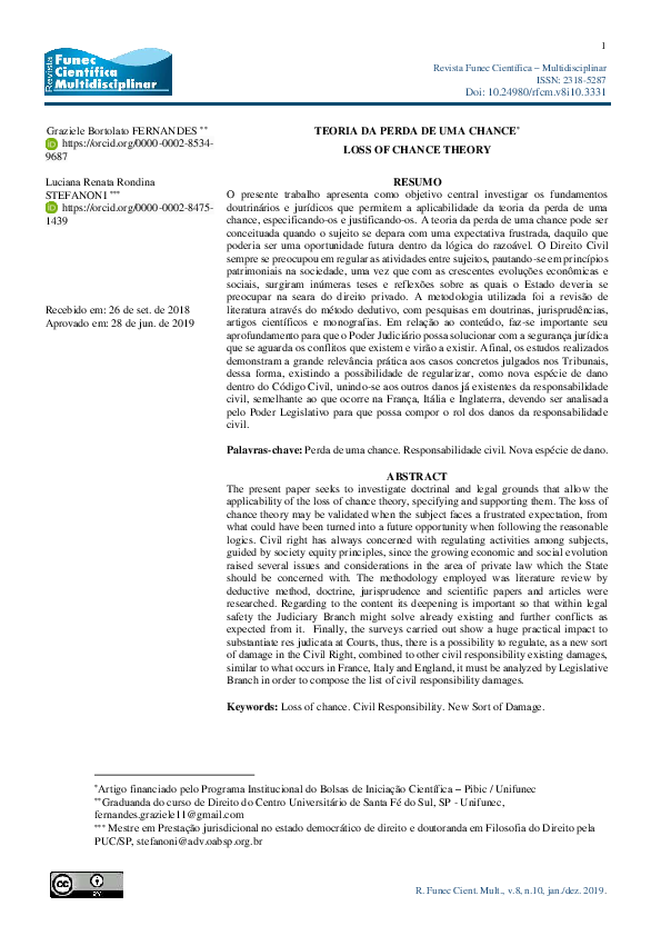 (PDF) TEORIA DA PERDA DE UMA CHANCE LOSS OF CHANCE THEORY