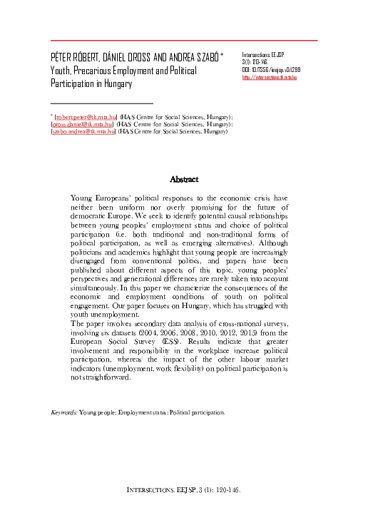 (PDF) PÉTER RÓBERT, DÁNIEL OROSS AND ANDREA SZABÓ * Youth, Precarious ...