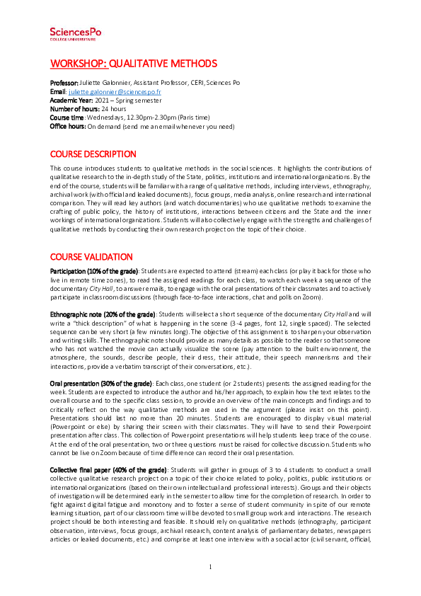 (PDF) SYLLABUS Qualitative methods workshop
