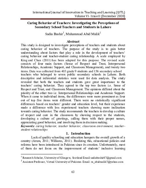 (PDF) Caring Behavior of Teachers: Investigating the Perceptions of Secondary School Teachers ...