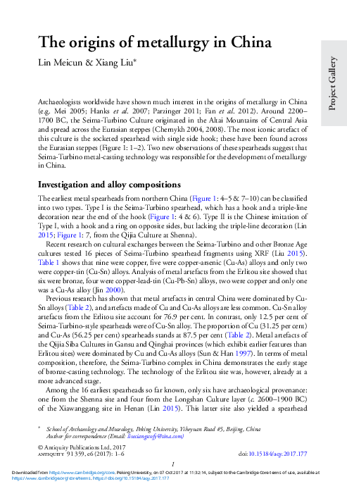 (PDF) The origins of metallurgy in China