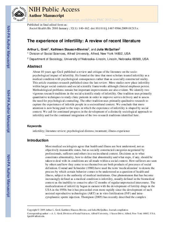 (PDF) The experience of infertility: a review of recent literature