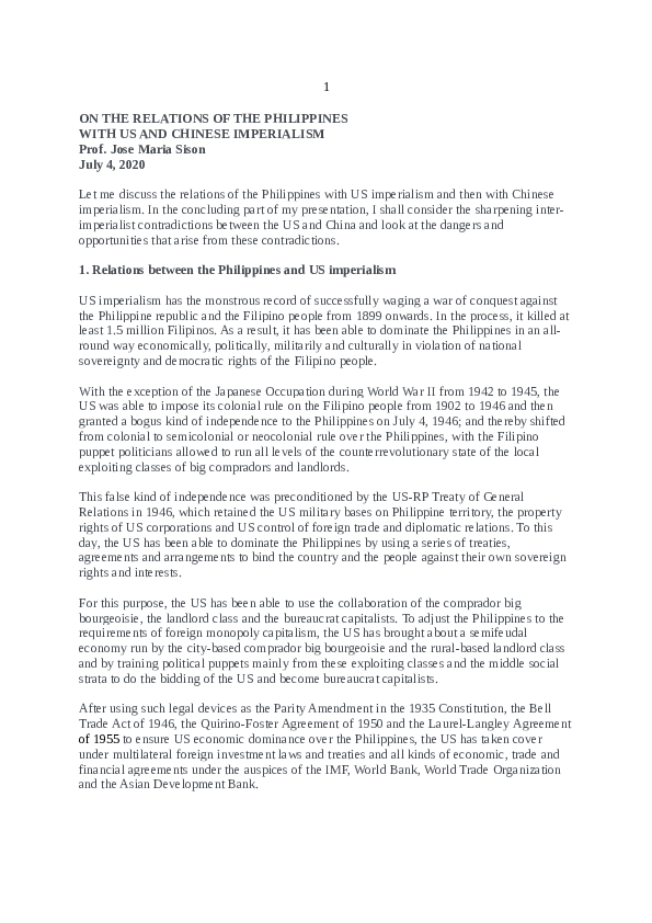 (DOC) ON THE RELATIONS OF THE PHILIPPINES WITH US AND CHINESE IMPERIALISM