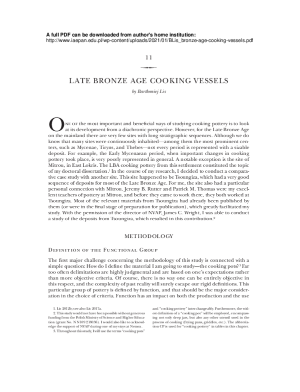 (PDF) Late Bronze Age cooking vessels, In: The Mycenaean Settlement on ...