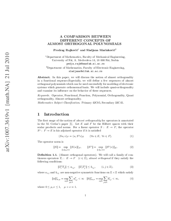 (PDF) A Comparison between Different Concepts of Almost Orthogonal Polynomials