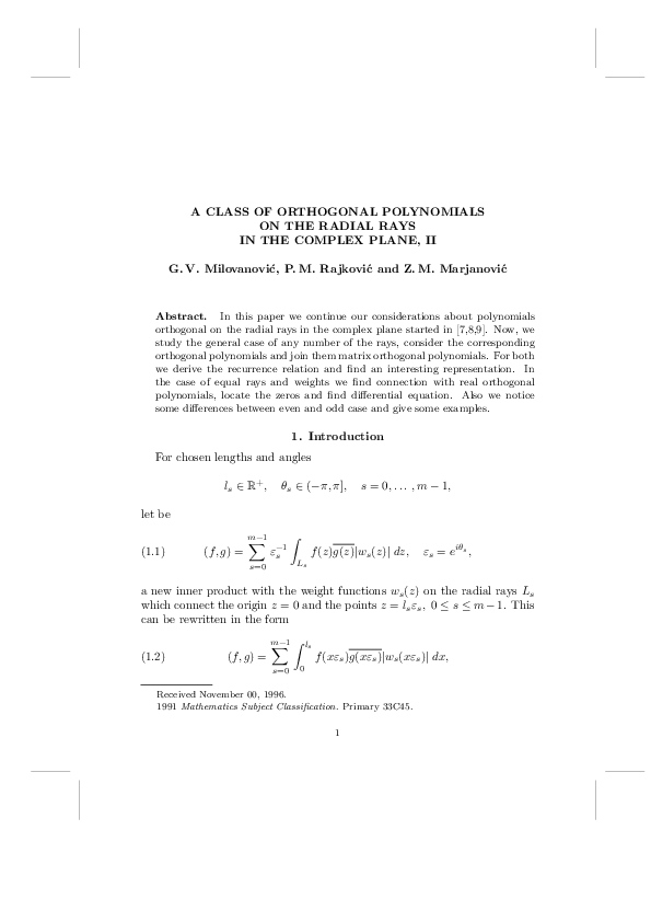(PDF) A Class of Orthogonal Polynomials on the Radial Rays in the Complex Plane